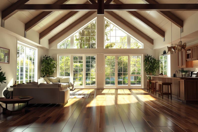 A Comfortable Living Room with Furniture and Large Windows Stock Image ...