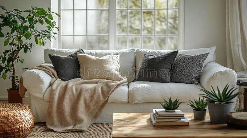 Comfortable Living Room with Greenery and Soft Textures Stock ...
