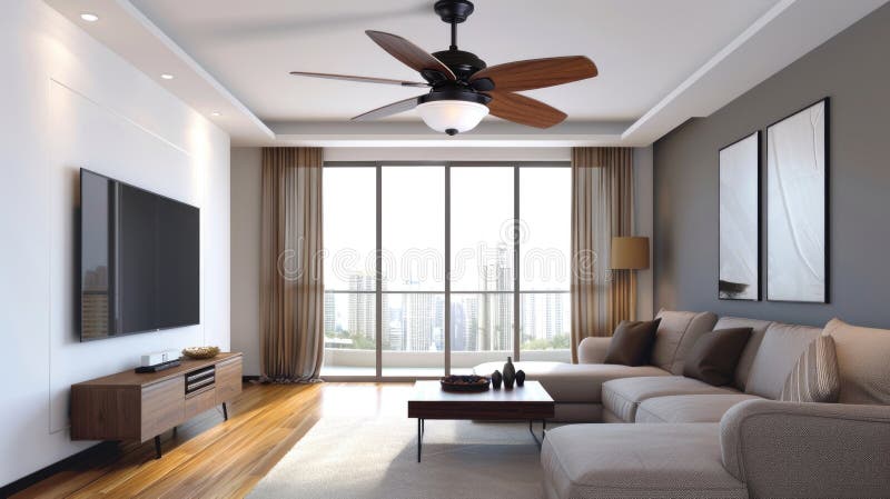 A Comfortable Living Room Scene with a Couch, Ceiling Fan, and Neutral ...