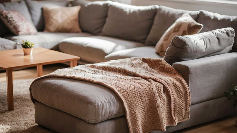 Comfortable Living Room with Soft Lighting and Textiles Stock ...