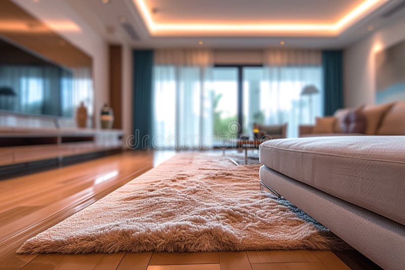 Comfortable Living Space Features Modern Design, Blue Textiles, and ...