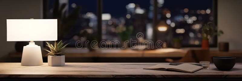 Comfortable Marble Tabletop in a Modern Home Office at Night, Banner ...