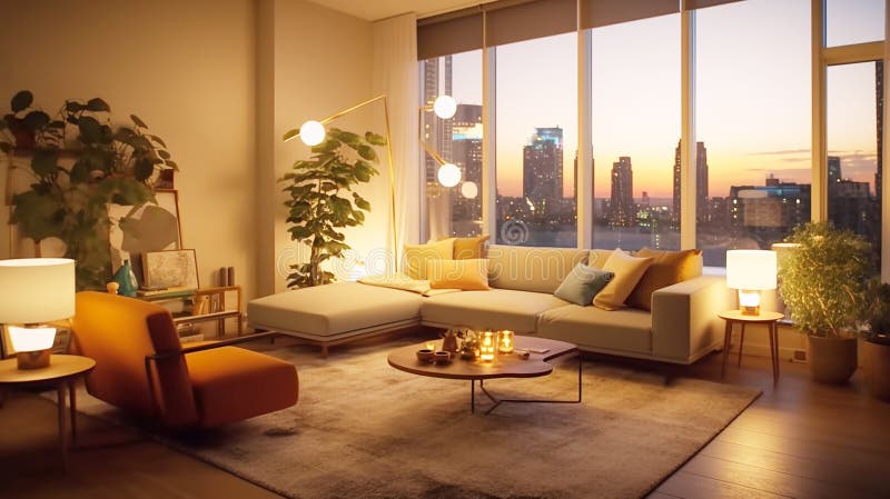 Comfortable Modern Living Room with Elegant Lighting Equipment ...