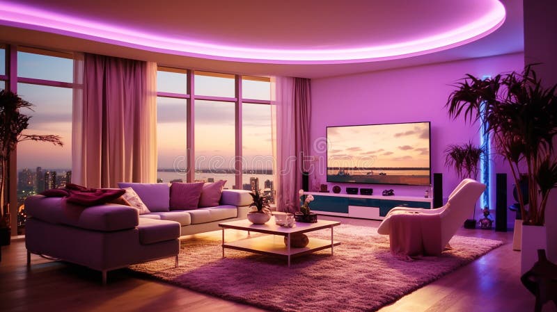 Comfortable Modern Living Room Illuminated by Purple Lighting ...