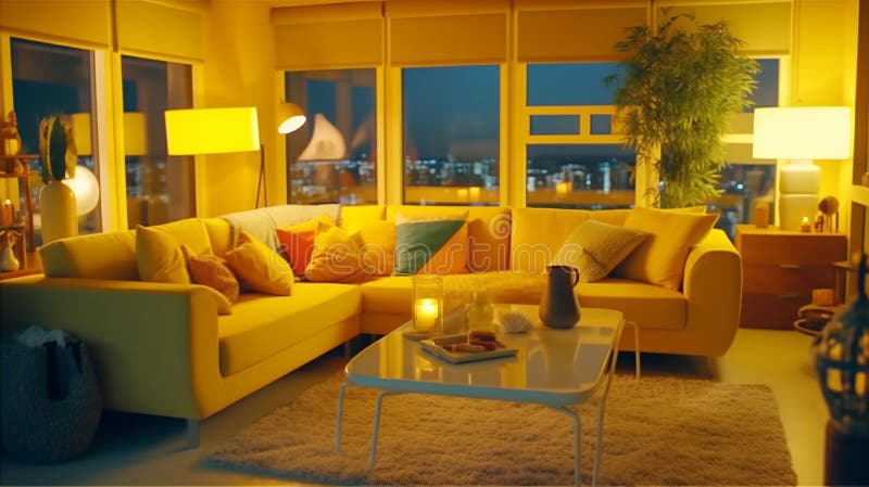 Comfortable Modern Living Room Illuminated by Yellow Lighting ...