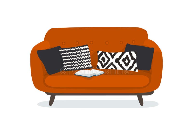 Comfortable Modern Red Couch with Pillows. Flat Cartoon Vector ...