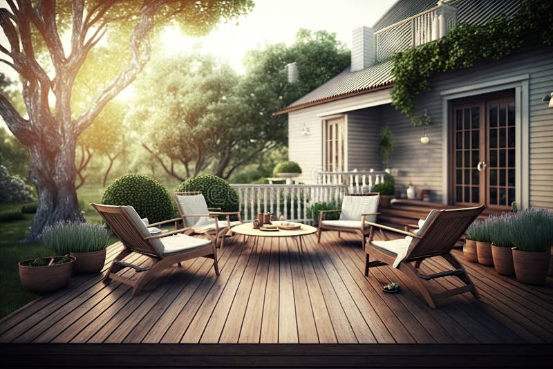 Comfortable Modern Wooden Deck with Chairs and Cozy Backyard Stock ...
