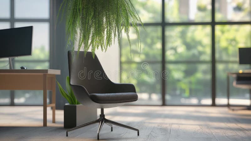 Modern Office Chair Rotating Near Desk with Computer Monitors Stock ...