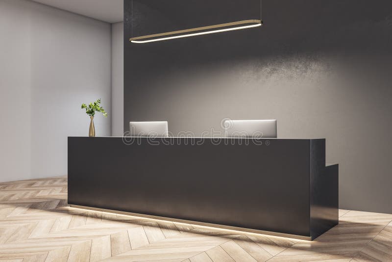 Comfortable Office Hall with Gray Reception Desk and Computers Stock ...