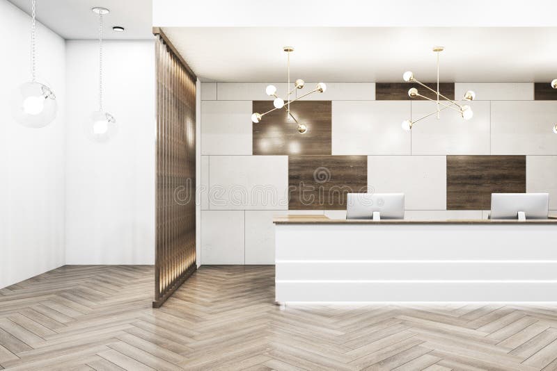 Comfortable Office Hall with White Reception Desk and Computers Stock ...