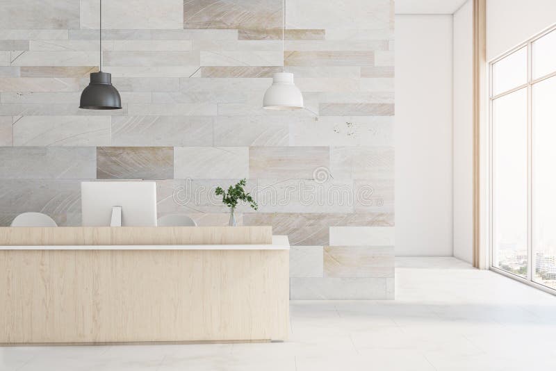 Comfortable Office Hall with Wooden Reception Desk and Computers Stock ...