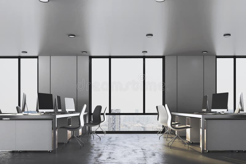 Comfortable Office Interior with Many Computers on Table Stock ...