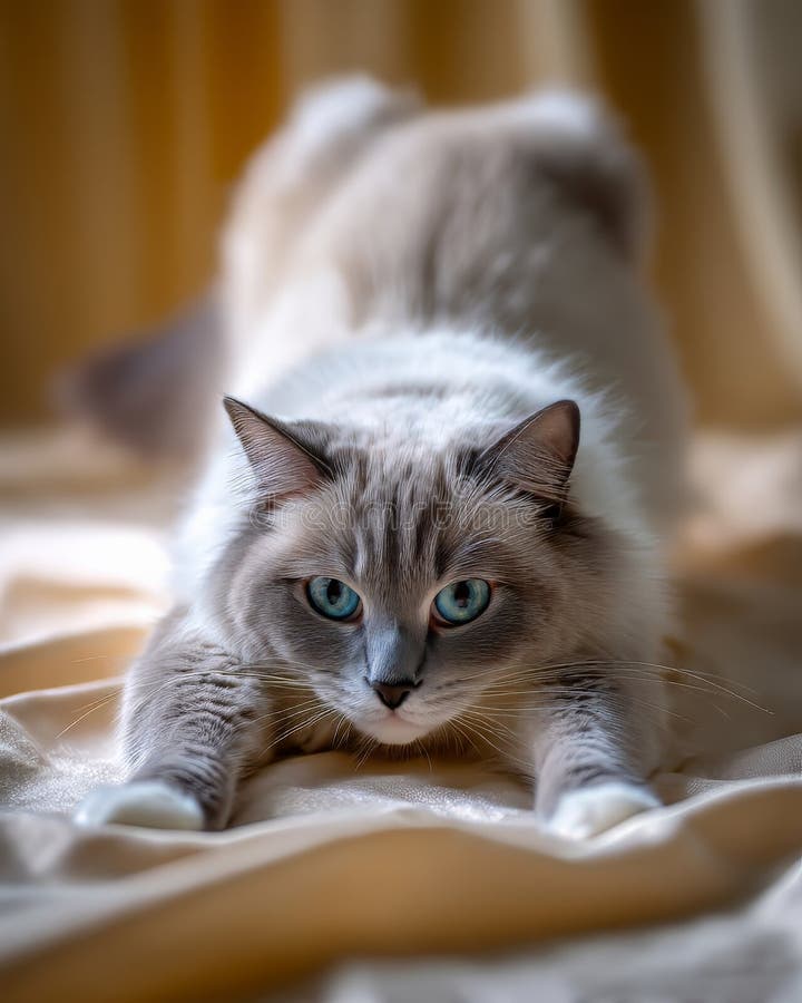 A Comfortable Ragdoll Cat Relaxing on a Cozy Bed with a Soft Blanket ...