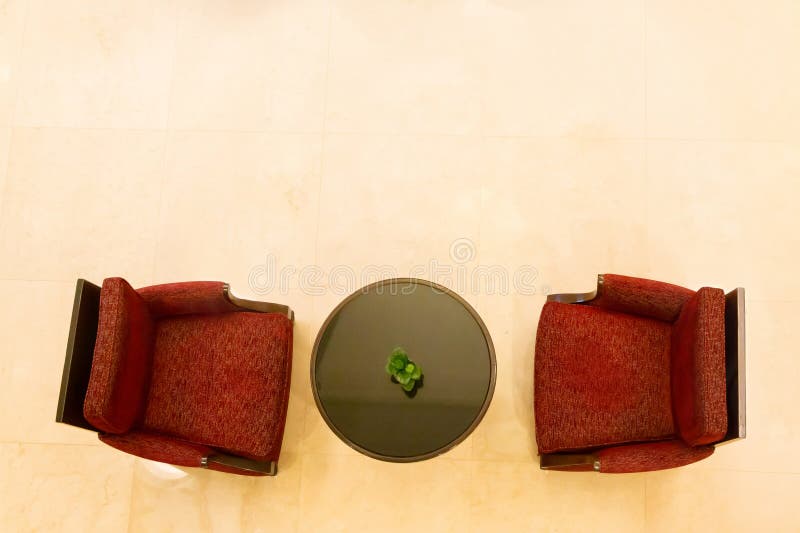 Comfortable Red Armchairs and Round Table ,top View. Stock Photo ...