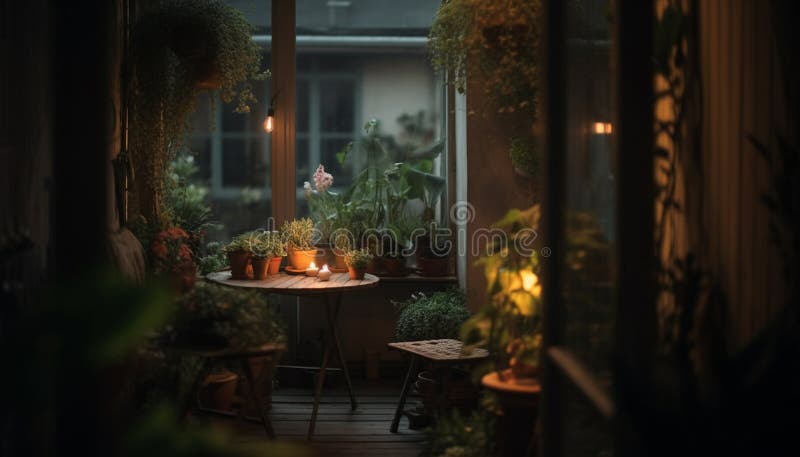 Comfortable Rustic Chair by Window, Vase of Flowers Illuminates Meal ...
