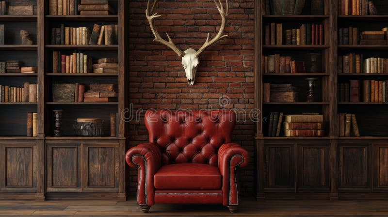 Comfortable and Rustic Home Library with Brick Walls and a Red Tufted ...