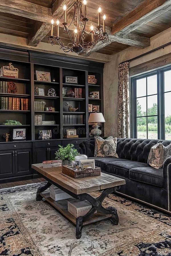 Comfortable and Rustic Living Room with Wooden Beams and Shelves Stock ...