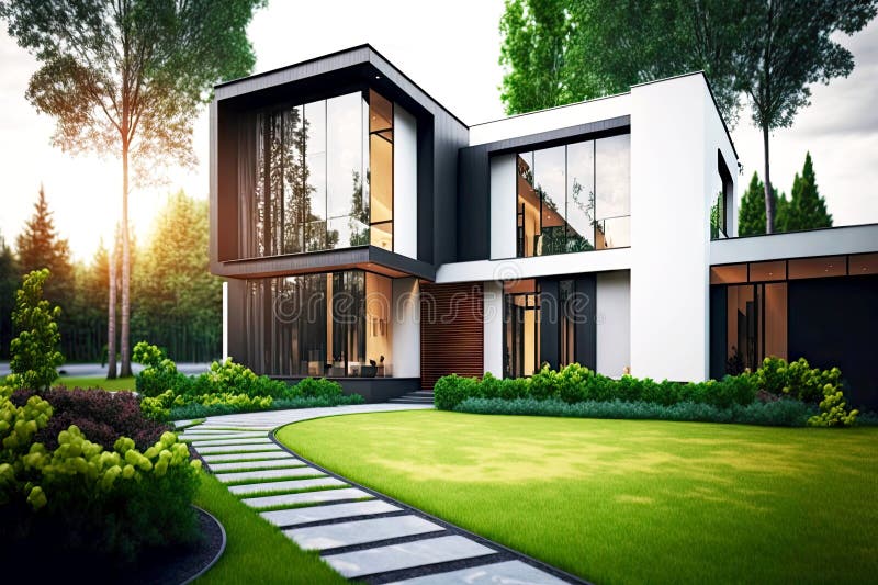 Comfortable Rustic Modern House with Large Windows and Garden Decor ...