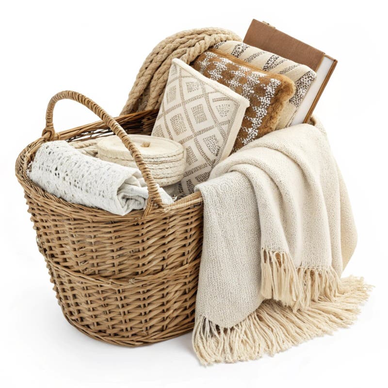 Comfortable Setup Featuring a Woven Basket Filled Isolated on White ...