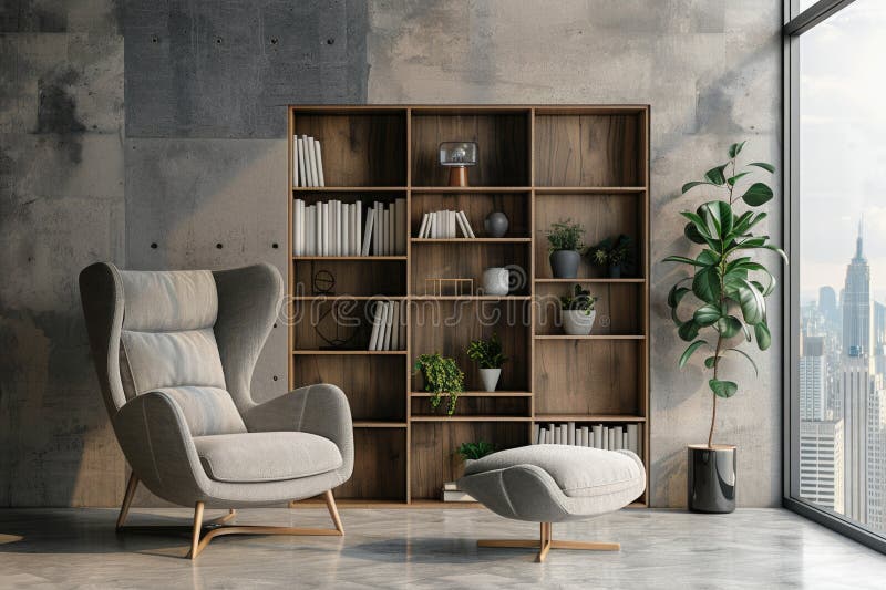 A Comfortable Sitting Area with a Chair and Bookshelf in a Warm Setting ...