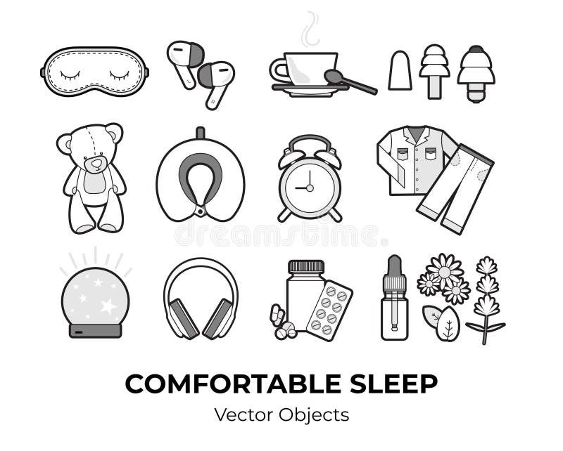 Comfortable Sleep Vector Set Isolated. Illustration Line Items Vector ...