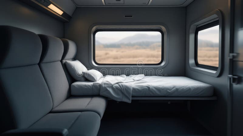 Cozy Train Sleeper Compartment with Modern Design and Scenic View ...