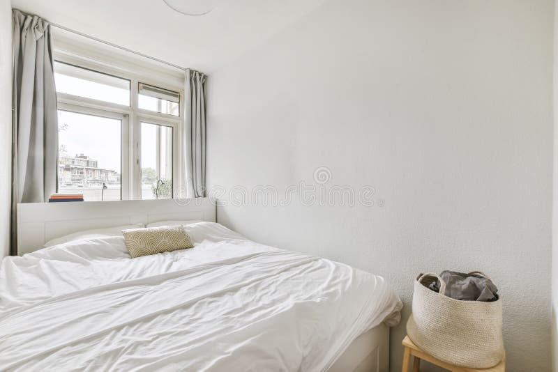 Comfortable Bed in Small Bedroom, Panorama Stock Image - Image of ...