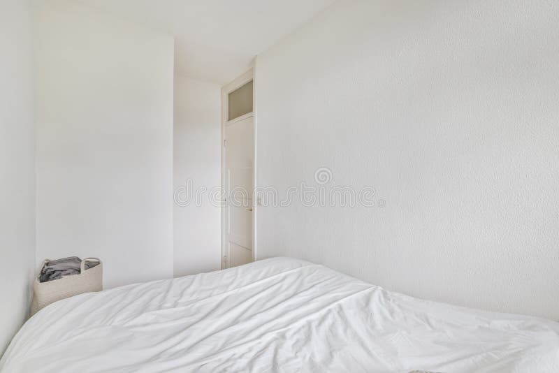 Comfortable Bed in Small Bedroom, Panorama Stock Image - Image of ...