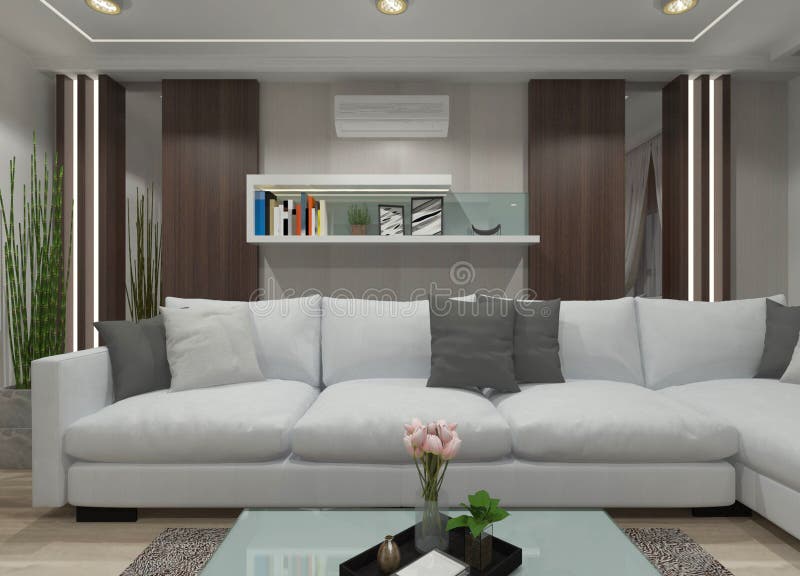 Comfortable Sofa with Back Wall Panel Decoration Stock Illustration ...