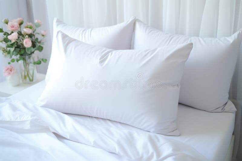 Comfortable Soft Pillows on the Bed. Close-up White Bedding Sheets and ...
