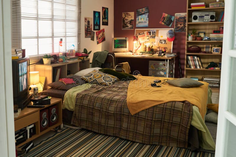 Comfortable Study Setup in Cozy Bedroom with Wall Posters Stock Image ...