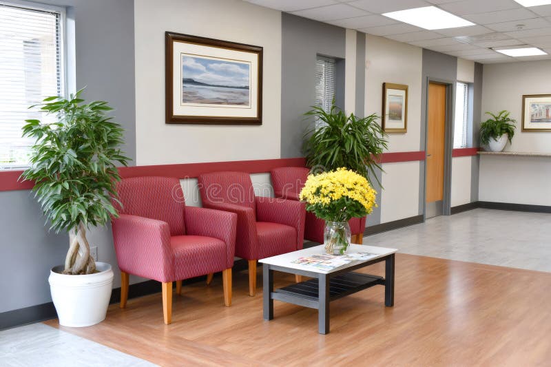 Comfortable Waiting Room with Red Chairs, Plants, and Framed Artwork ...