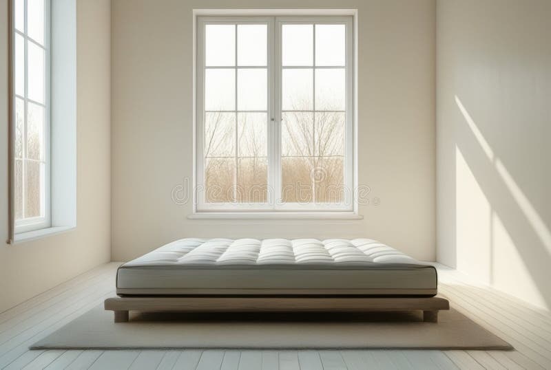 Comfortable White Bed in Room with Window View. 3d Render Stock ...