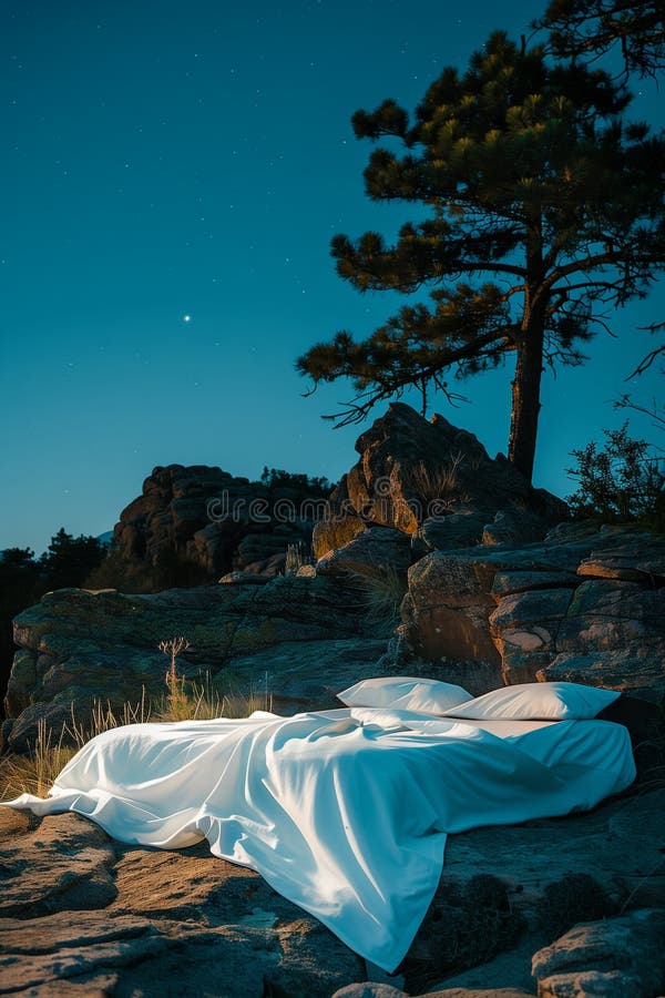 A Comfortable White Bed Set Outside in Nature with Mountains Night Sky ...