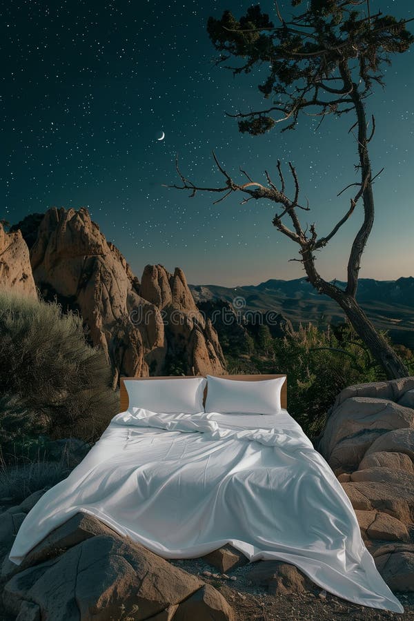 A Comfortable White Bed Set Outside in Nature with Mountains Night Sky ...