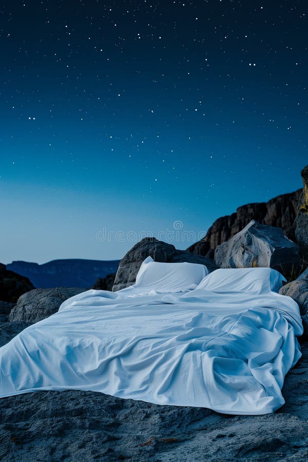 A Comfortable White Bed Set Outside in Nature with Mountains Night Sky ...