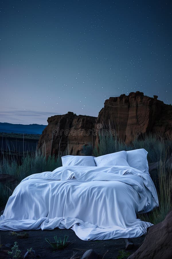 A Comfortable White Bed Set Outside in Nature with Mountains Night Sky ...