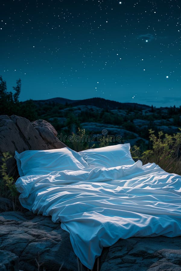 A Comfortable White Bed Set Outside in Nature with Mountains Night Sky ...