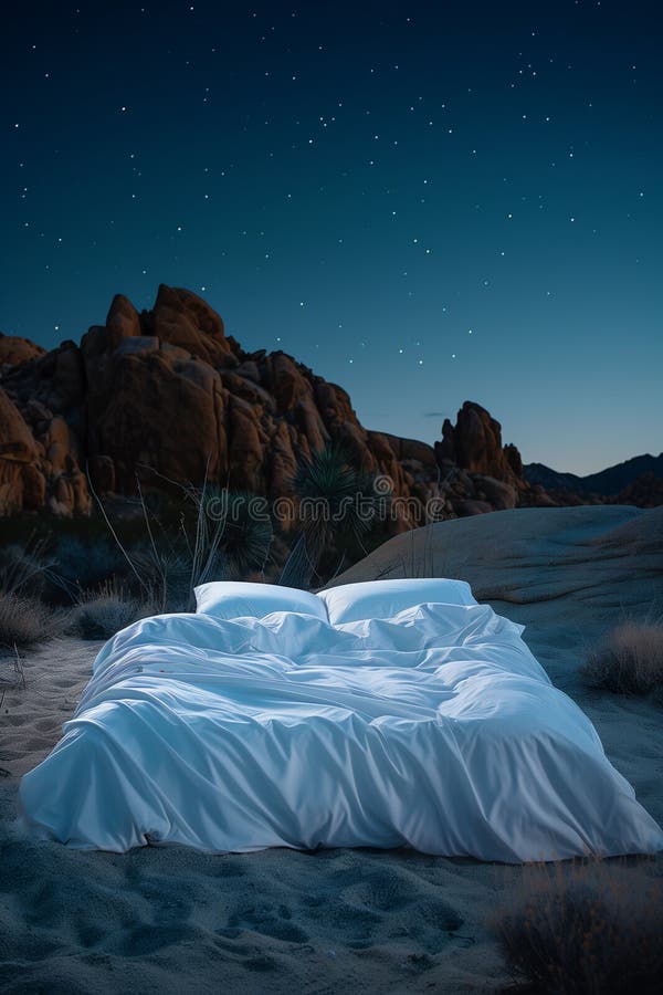 A Comfortable White Bed Set Outside in Nature with Mountains Night Sky ...