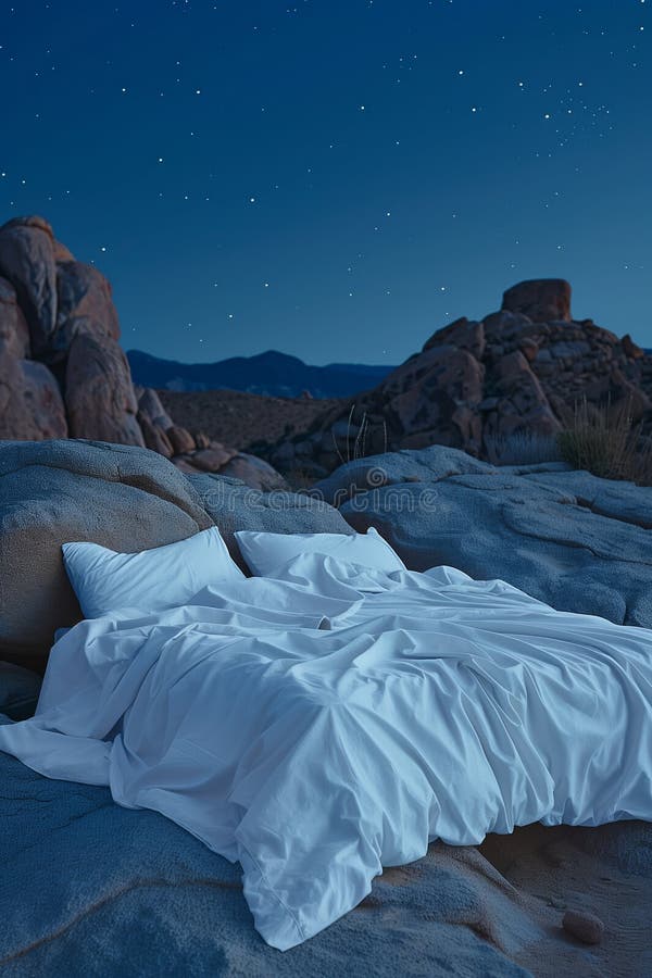 A Comfortable White Bed Set Outside in Nature with Mountains Night Sky ...