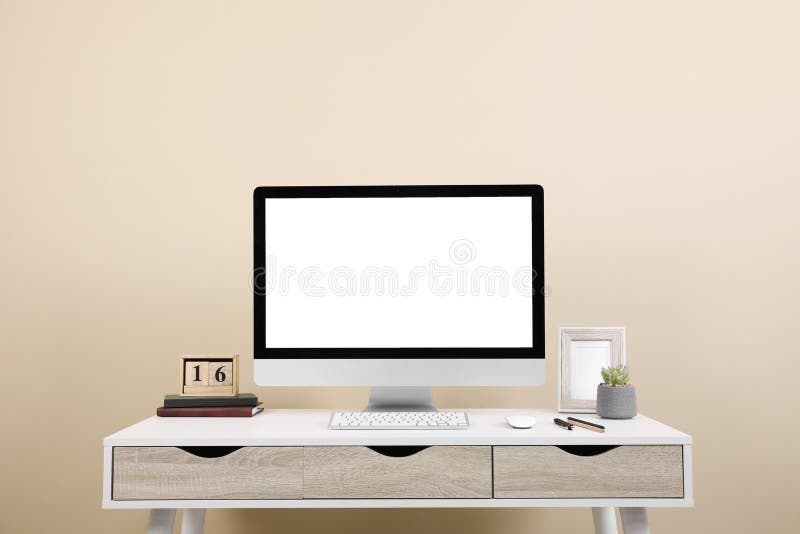 Comfortable Workplace with Blank Computer Display on Desk Near Beige ...