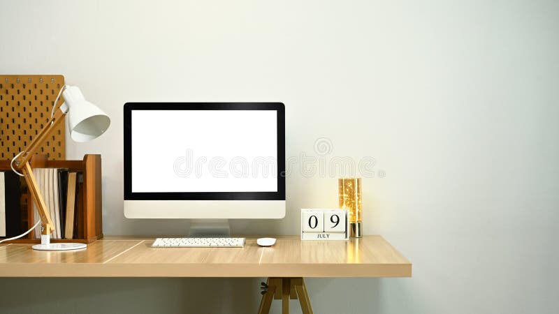 Comfortable Workplace. Blank Screen Desktop Computer, Books and Lamp on ...