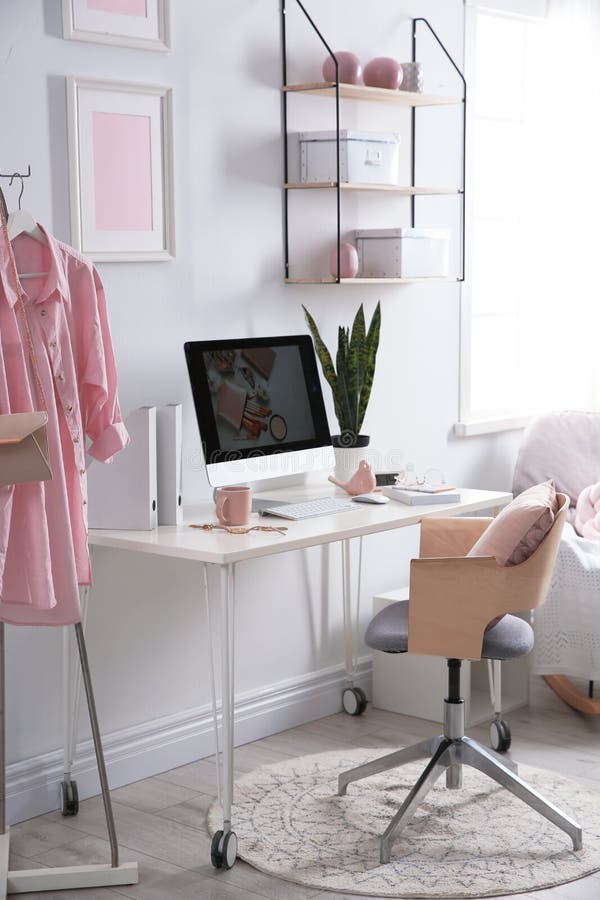 Comfortable Workplace with Computer on Desk in Home Stock Image - Image ...