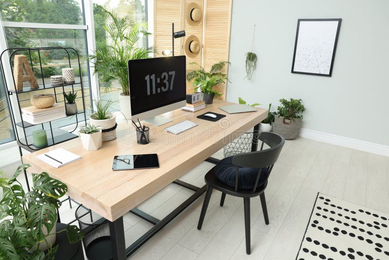 Comfortable Workplace with Computer in Light Room. Interior Design ...