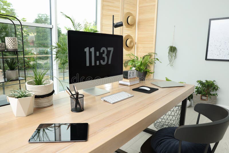 Comfortable Workplace with Computer in Light Room. Interior Design ...