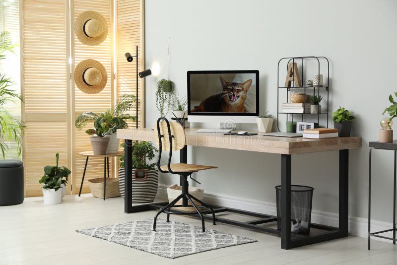 Comfortable Workplace with Computer in Light Room. Interior Design ...