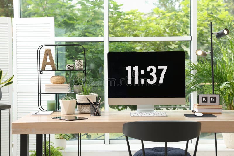 Comfortable Workplace with Computer in Light Room. Interior Design ...