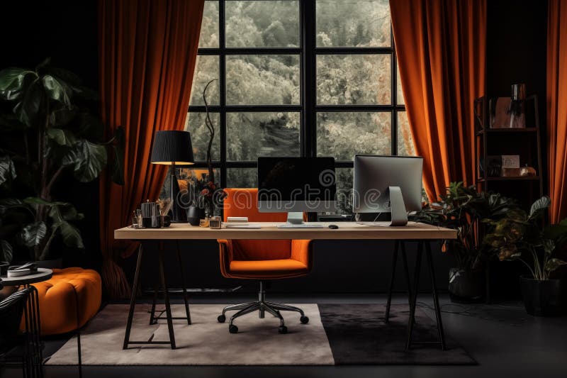 Comfortable Workplace with Computer Near Big Window in Stylish Room ...