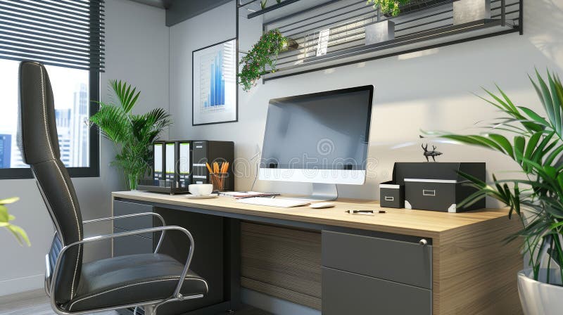 Comfortable Workplace with Computer in Stylish Modern Office Interior ...