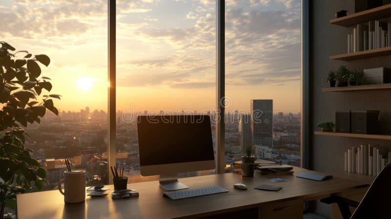 Comfortable Workplace with Computer on Wooden Table and City View at ...